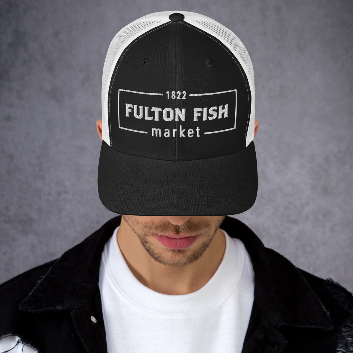 Fulton Fish Market Black & White Trucker Hat | Fulton Fish Market Merch